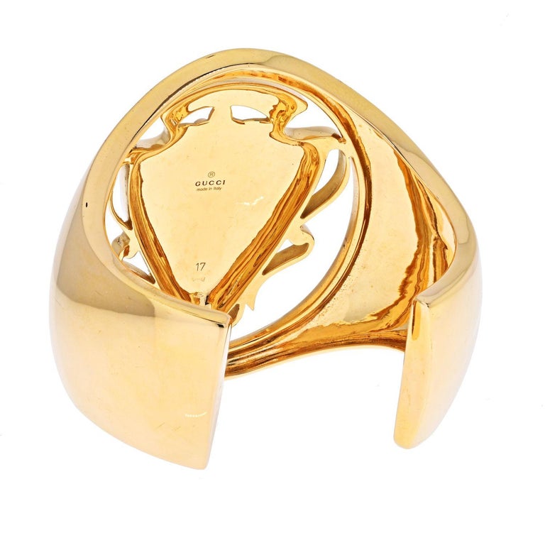 Gucci 18K Yellow Gold Coat of Arms Crest Cuff Bracelet For Sale at 1stDibs