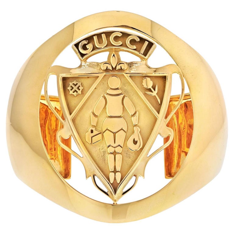 Gucci 18K Yellow Gold Coat of Arms Crest Cuff Bracelet For Sale at 1stDibs