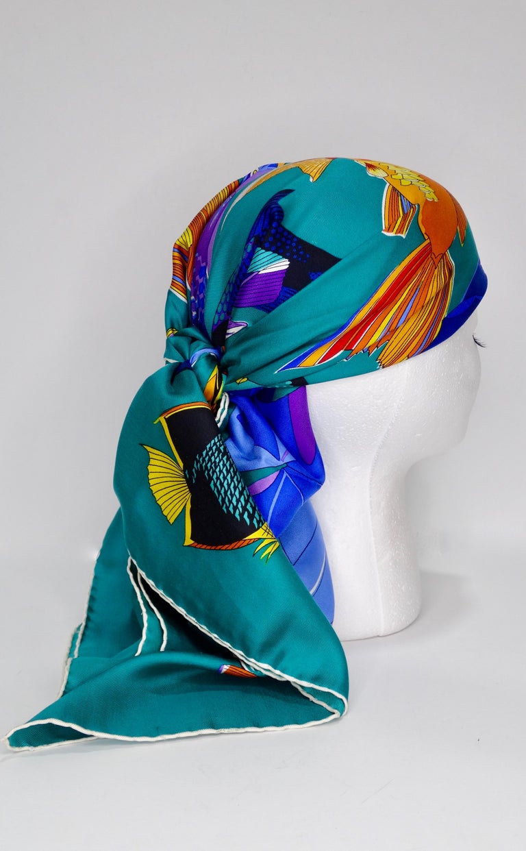 Gucci 1980s Fish Motif Silk Scarf For Sale at 1stDibs
