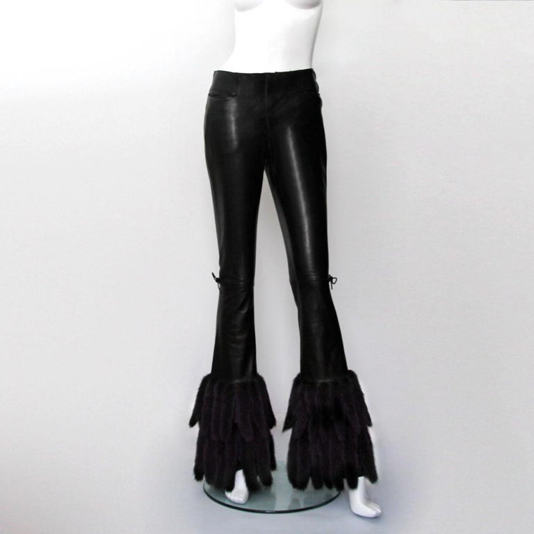 Gucci 1999 Black Leather And Mink Fur Flare Pants Trousers By Tom