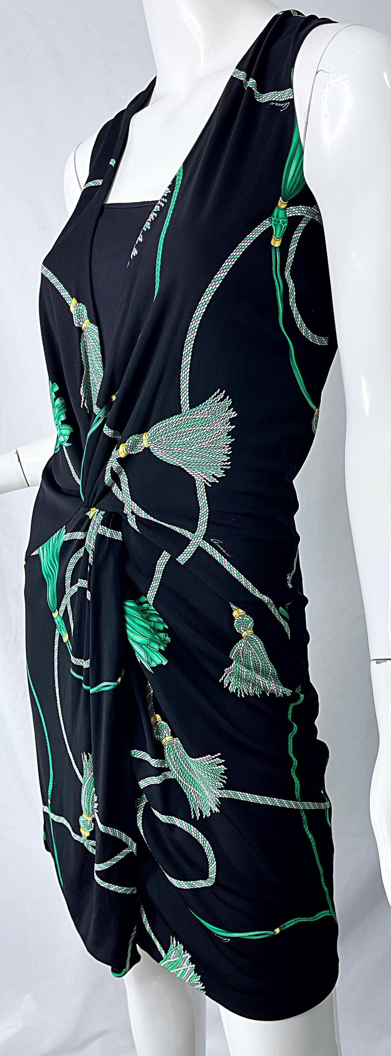 Gucci 2007 Black and Green Logo Tassel Print Rayon Jersey Faux Wrap ...