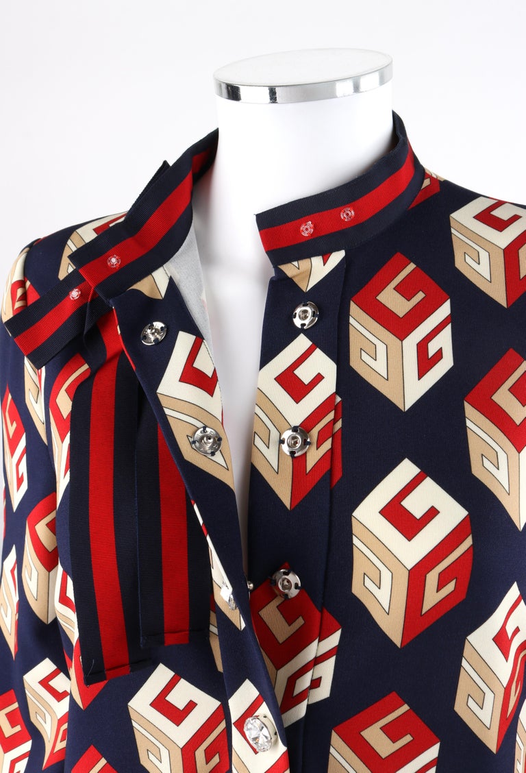 GUCCI 2017 "GG Wallpaper" Navy Blue Red Jewelled Web Bow Jersey Sheath ...