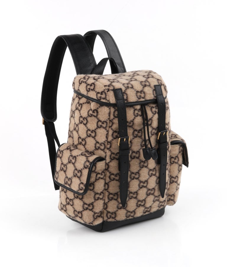 GUCCI 2019 Black Beige Monogram Jacquard Wool Drawstring Buckle ...