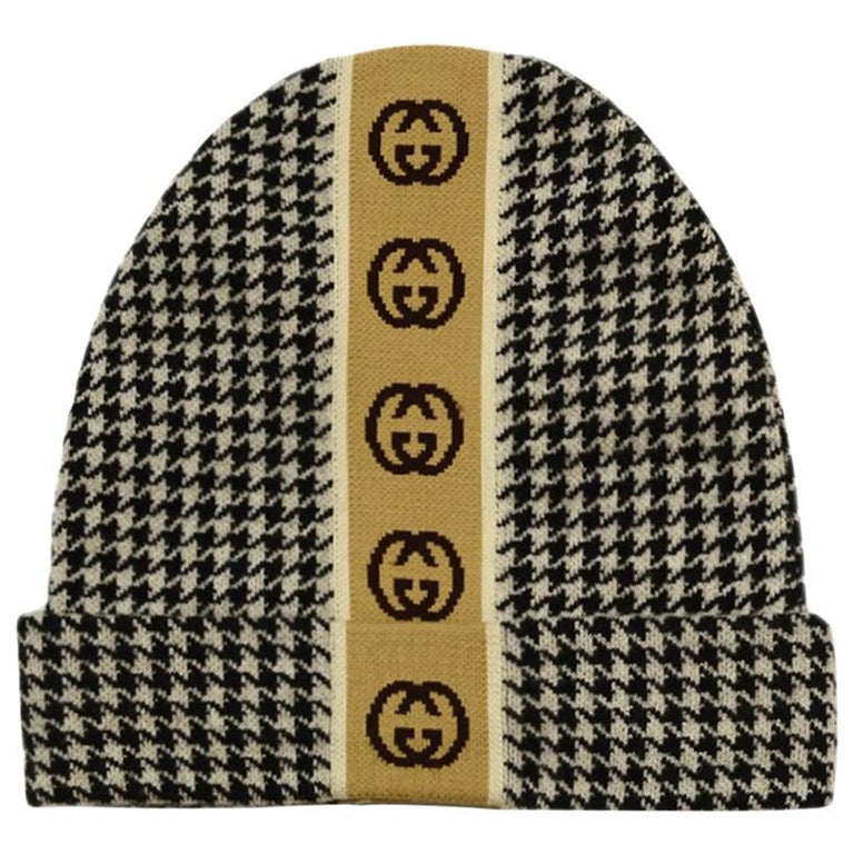 Gucci 2020 Black/White Herringbone Wool Hat with Interlocking G Stripe ...