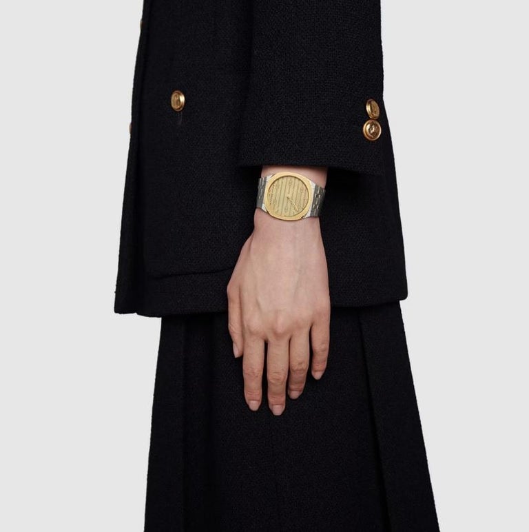 Gucci 25H Golden Brass Dial with Interlocking G Motif Steel Watch ...