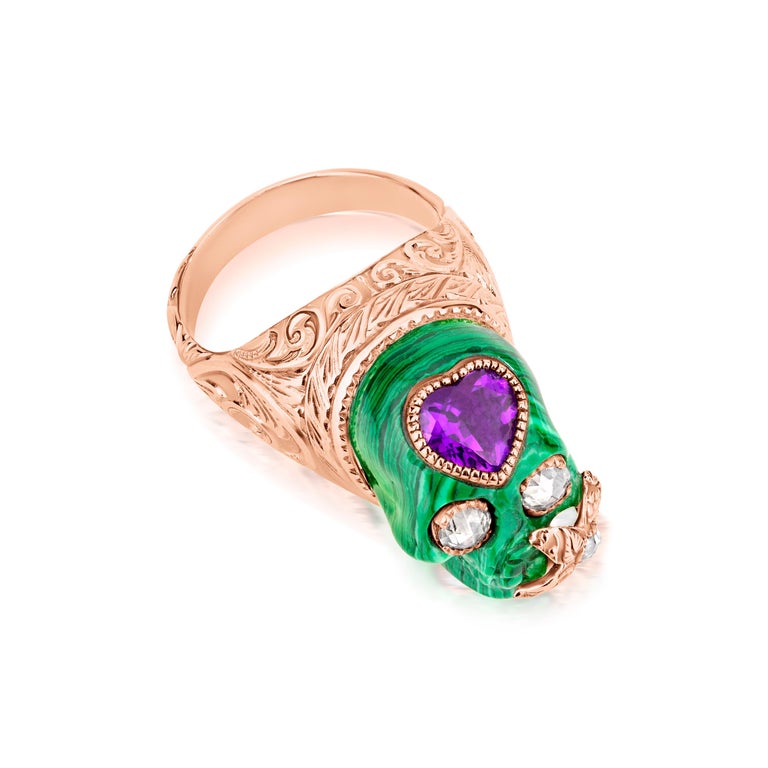Gucci 7ctw. Malachite Amethyst Skull Ring with Rose Cut Diamond Eye in ...
