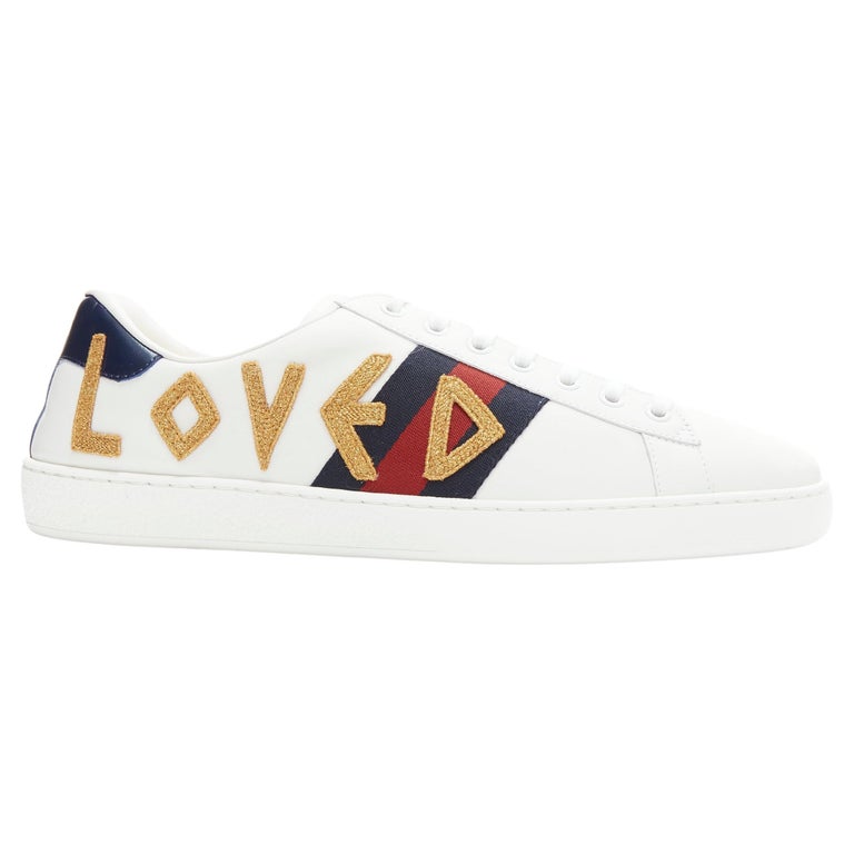 GUCCI Ace Loved gold letter patchwork white navy red web sneaker UK9 EU43 For Sale at 1stDibs