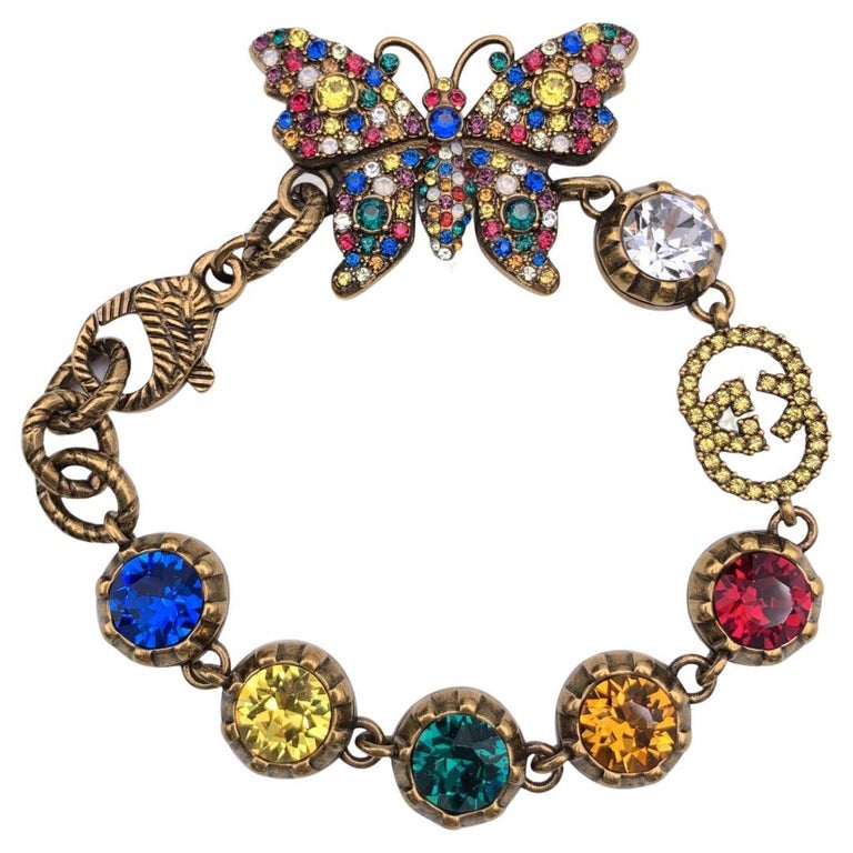 Gucci Aged Gold Metal Butterfly Bracelet with Multicolor Crystal For Sale at 1stDibs