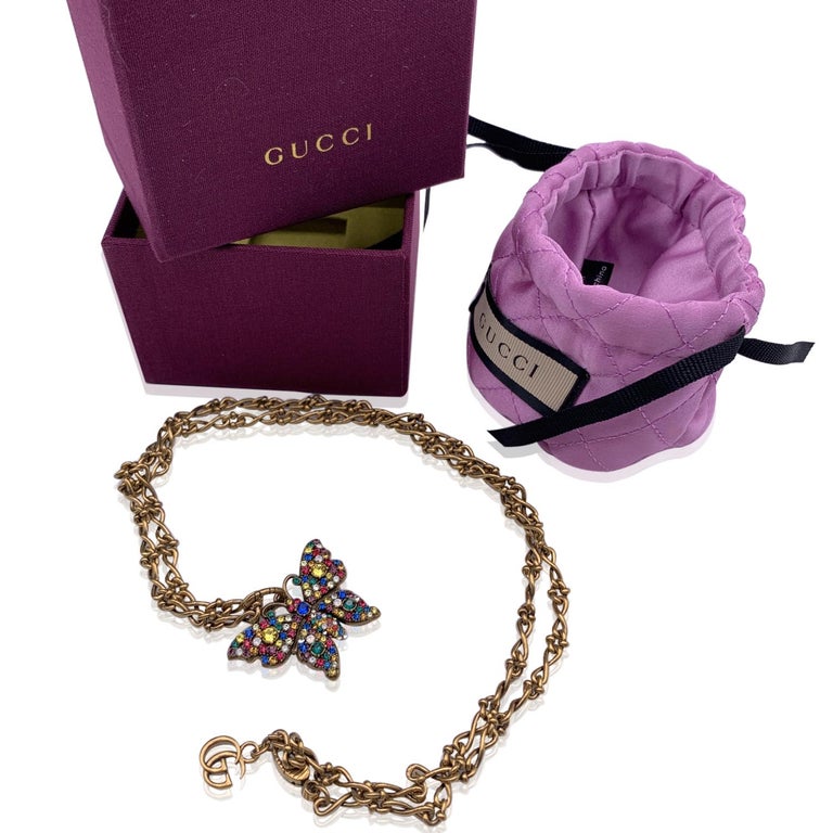 Gucci Aged Gold Metal Butterfly Necklace with Multicolor Crystal For Sale at 1stDibs