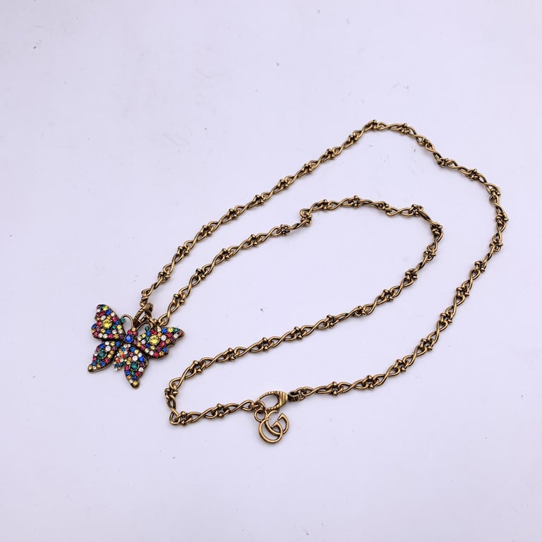 Gucci Aged Gold Metal Butterfly Necklace with Multicolor Crystal For Sale at 1stDibs