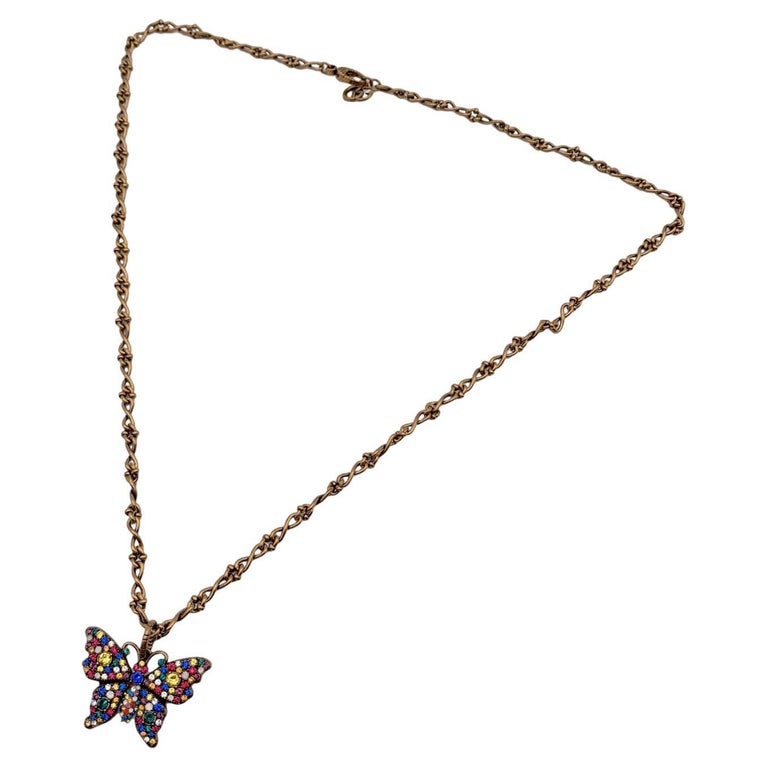 Gucci Aged Gold Metal Butterfly Necklace with Multicolor Crystal For Sale at 1stDibs