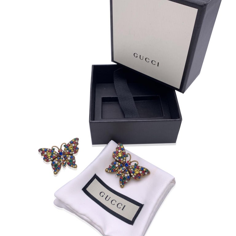 Gucci Aged Gold Metal Butterfly Stud Earrings with Multicolor Crystals For Sale at 1stDibs