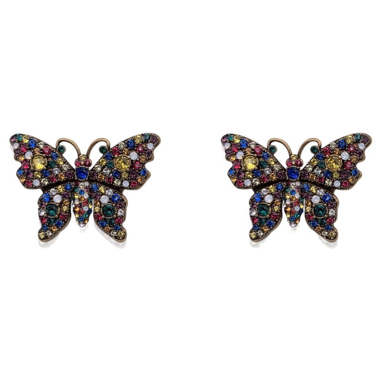 Gucci Aged Gold Metal Butterfly Stud Earrings with Multicolor Crystals For Sale at 1stDibs