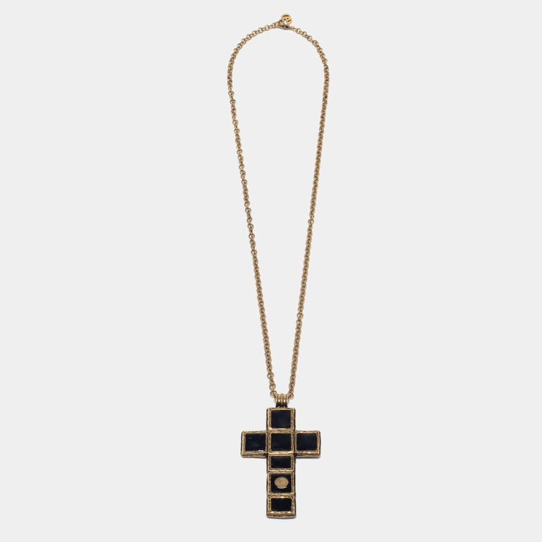 Gucci Aged Gold Tone Enamel Cross Pendant Necklace For Sale at 1stDibs
