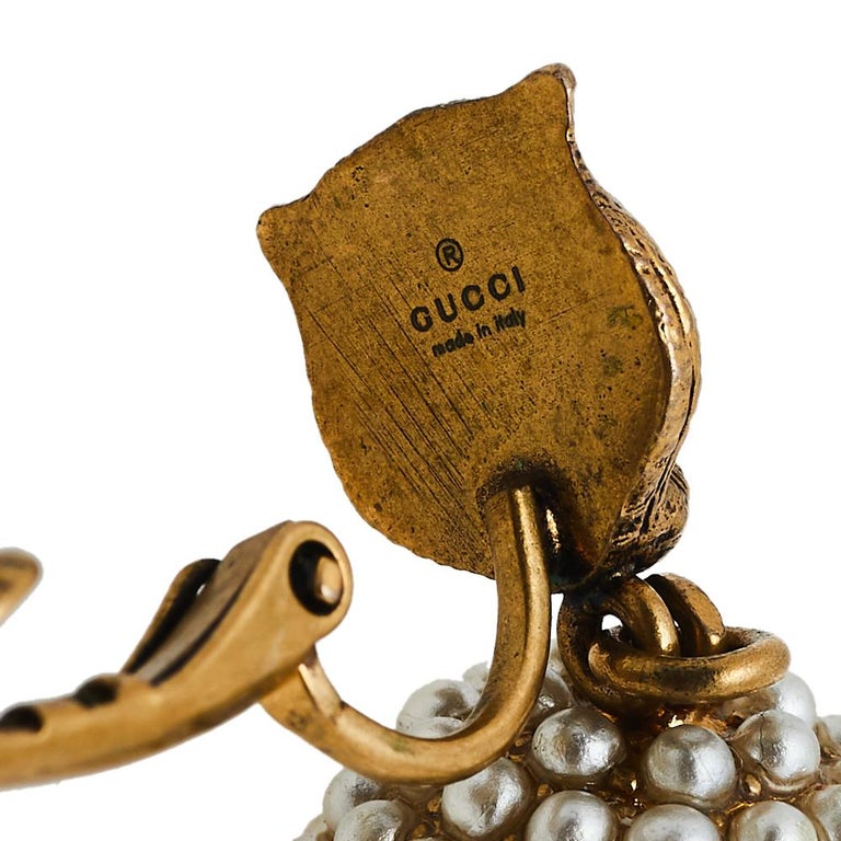 Gucci Aged Gold Tone Faux Pearl Feline Clip On Earrings at 1stDibs