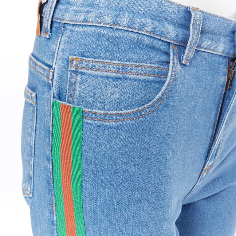 GUCCI ALESSANDRO MICHELE blue denim red green web trim 90's flared ...