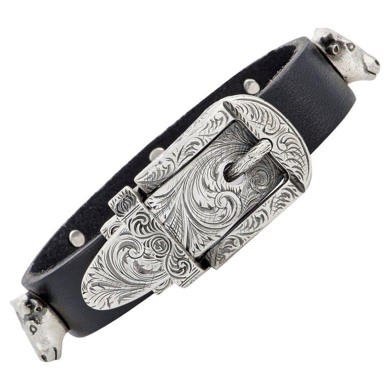 Gucci Anger Forest Aged Sterling Silver and Black Leather Bull Heads ...