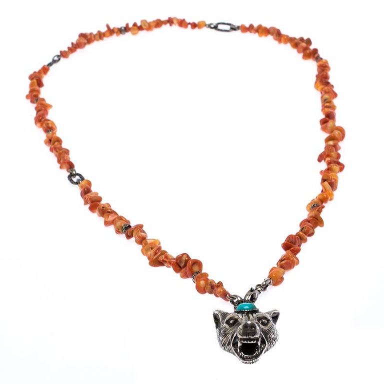 Gucci Anger Forest Wolf Head Orange Coral Silver Long Pendant Necklace ...