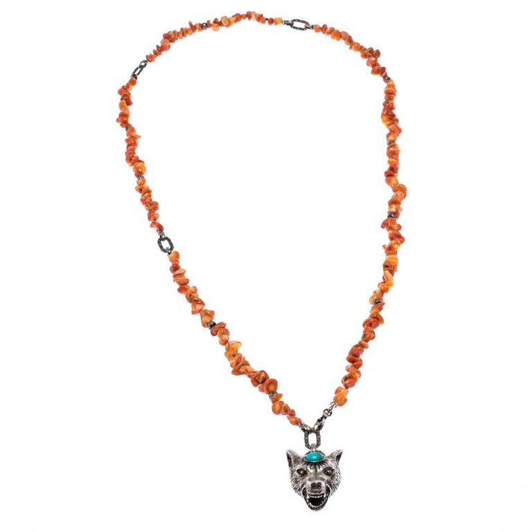 Gucci Anger Forest Wolf Head Orange Coral Silver Long Pendant Necklace ...
