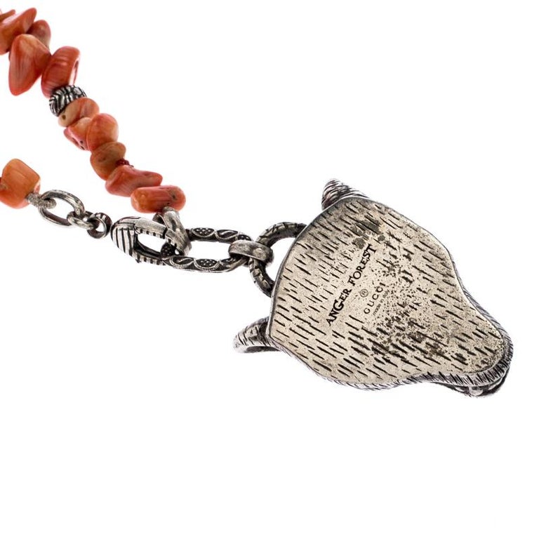 Gucci Anger Forest Wolf Head Orange Coral Silver Long Pendant Necklace ...