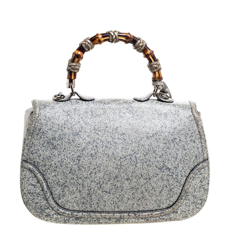 Gucci Ash Blue/Grey Speckled Leather Large New Bamboo Top Handle Bag at ...