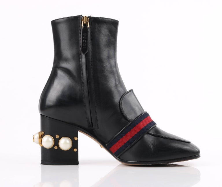GUCCI A/W 2016 "Peyton" Black Leather Pearl Heel GG Buckle Ankle Boots ...