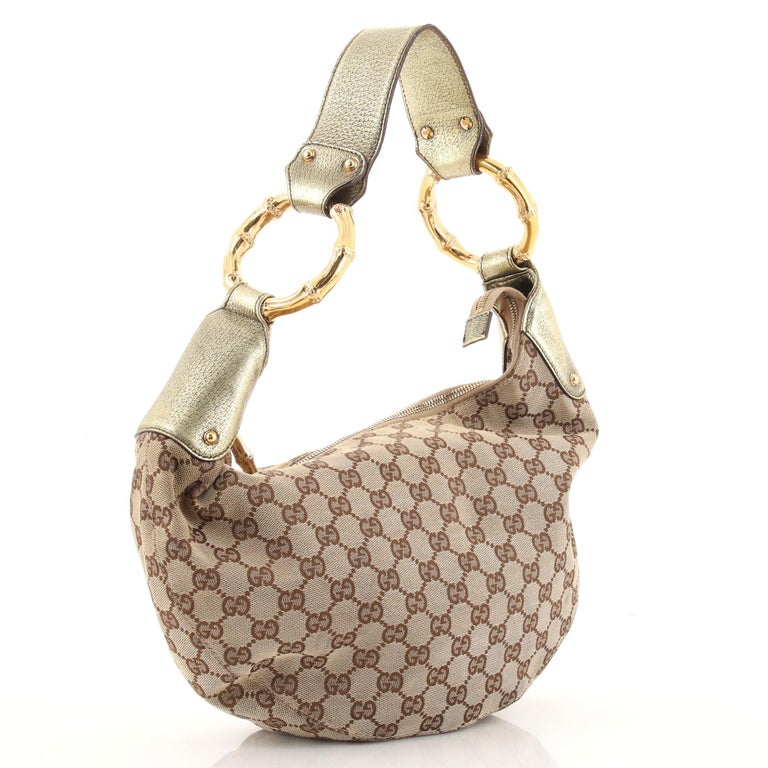 Gucci Bamboo Ring Half Moon Web Hobo GG Canvas Medium For Sale at 1stDibs