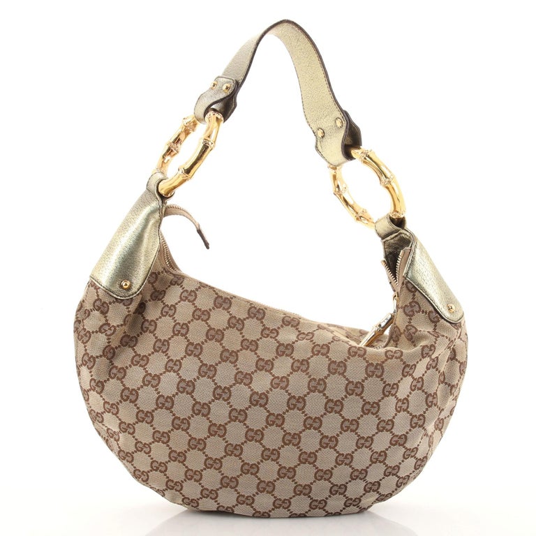 Gucci Bamboo Ring Half Moon Web Hobo GG Canvas Medium For Sale at 1stDibs