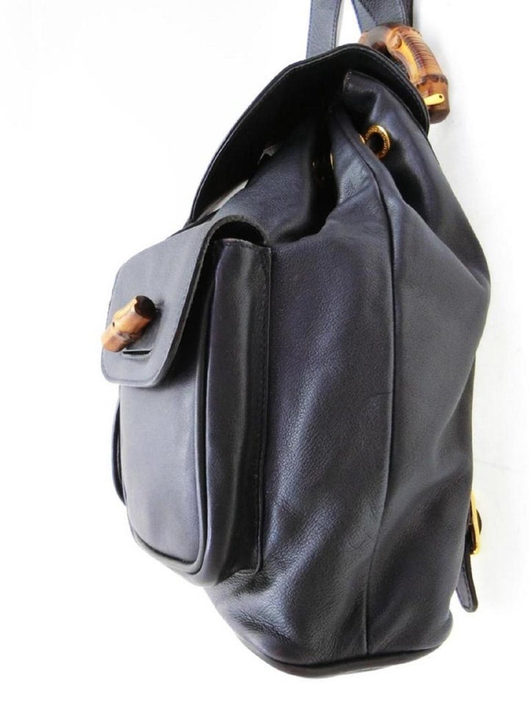 Gucci Bamboo Twin Pocket 234319 Navy Blue Leather Backpack at 1stDibs