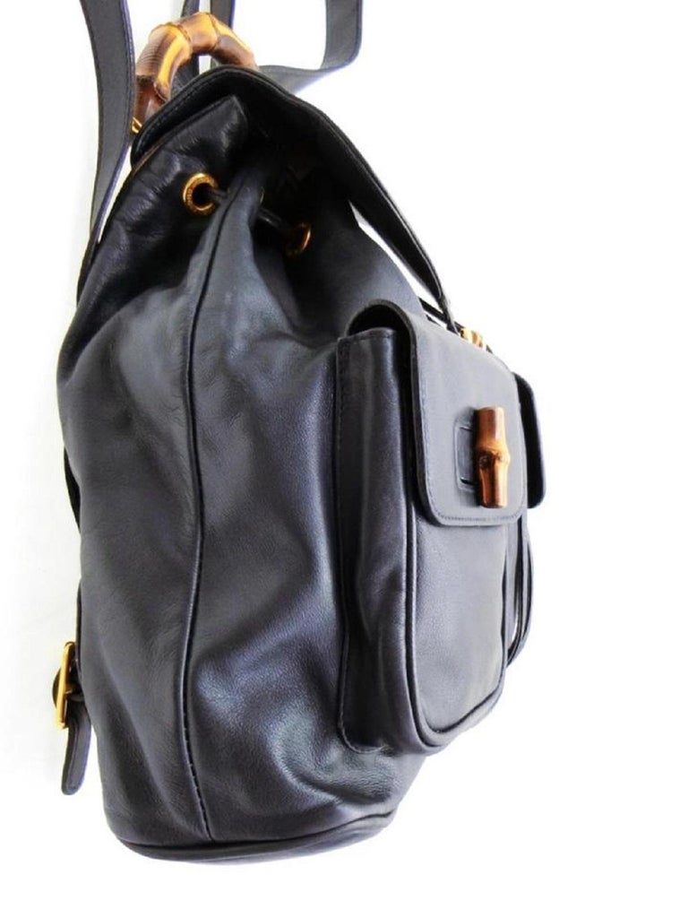 Gucci Bamboo Twin Pocket 234319 Navy Blue Leather Backpack at 1stDibs