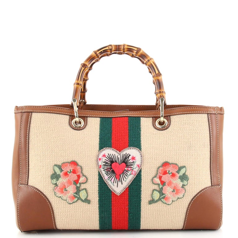 Gucci Bamboo Web Shopper Tote Embroidered Cross Stitch Canvas Medium at ...