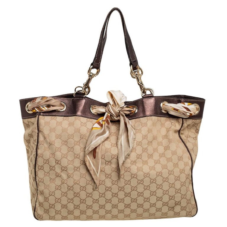 Gucci Beige/Brown GG Canvas and Leather Large Positano Scarf Tote at ...