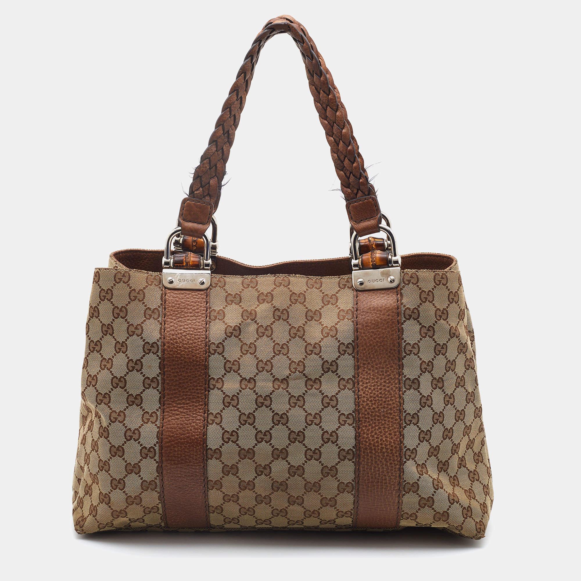 Gucci Beige/Brown GG Canvas and Leather Medium Bamboo Bar Tote at 1stDibs