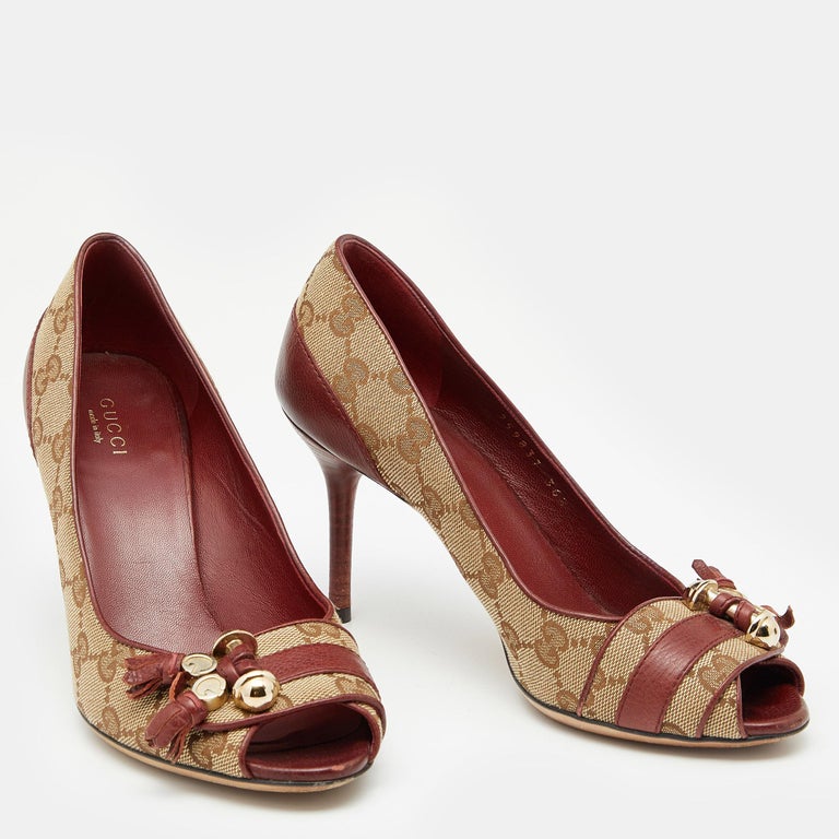Gucci Beige/Brown GG Canvas And Leather Tassel Detail Peep Toe Pumps ...