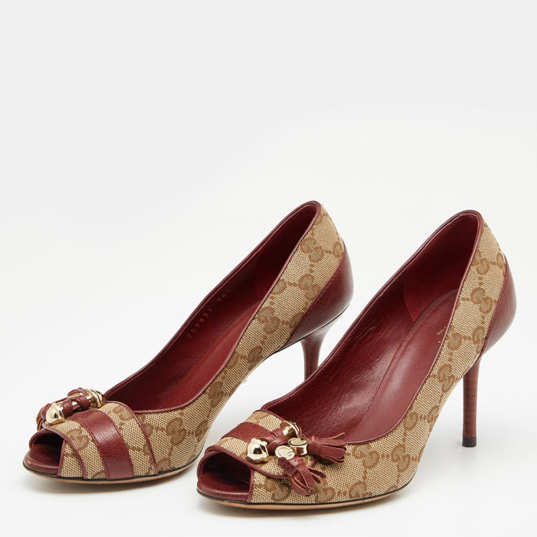 Gucci Beige/Brown GG Canvas And Leather Tassel Detail Peep Toe Pumps ...