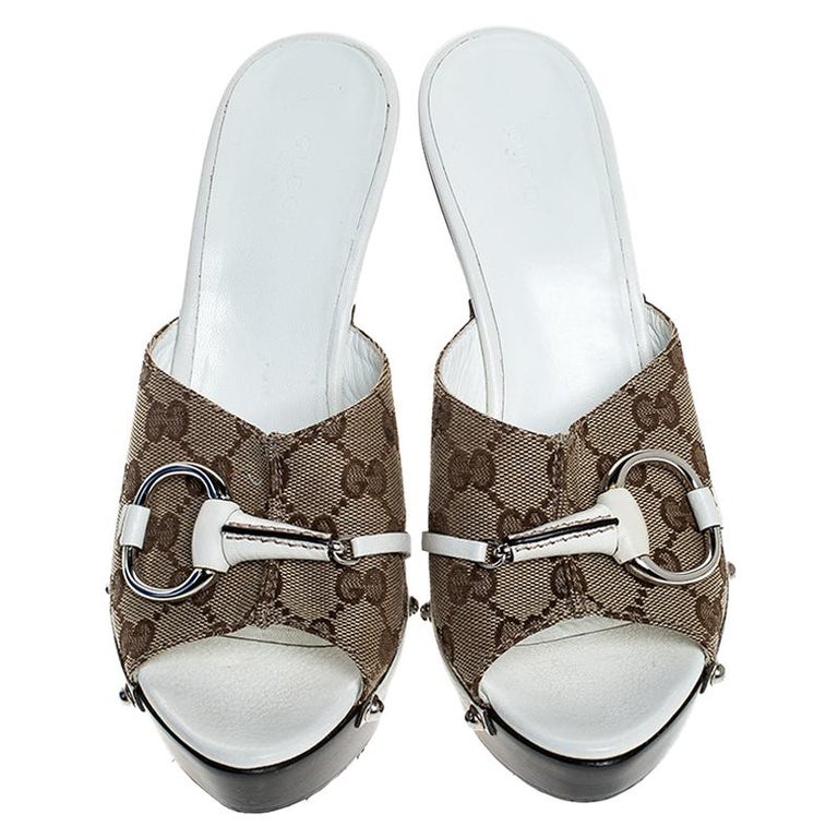 Gucci Beige/Brown GG Canvas Icon Bit Open Toe Platform Mules Size 38.5 ...
