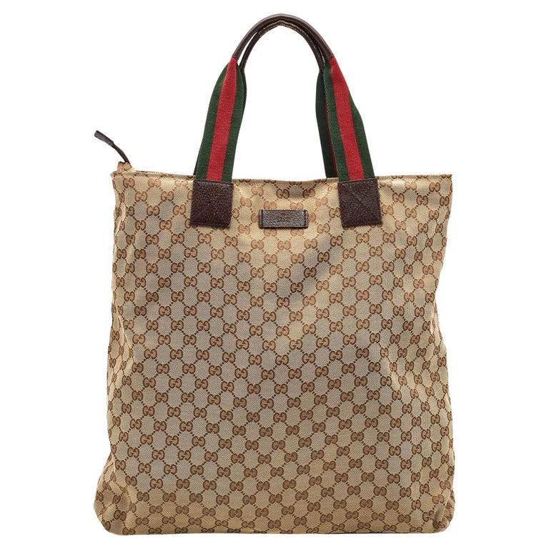 Gucci Beige/Brown GG Canvas Web Handle Vertical Tote For Sale at 1stDibs