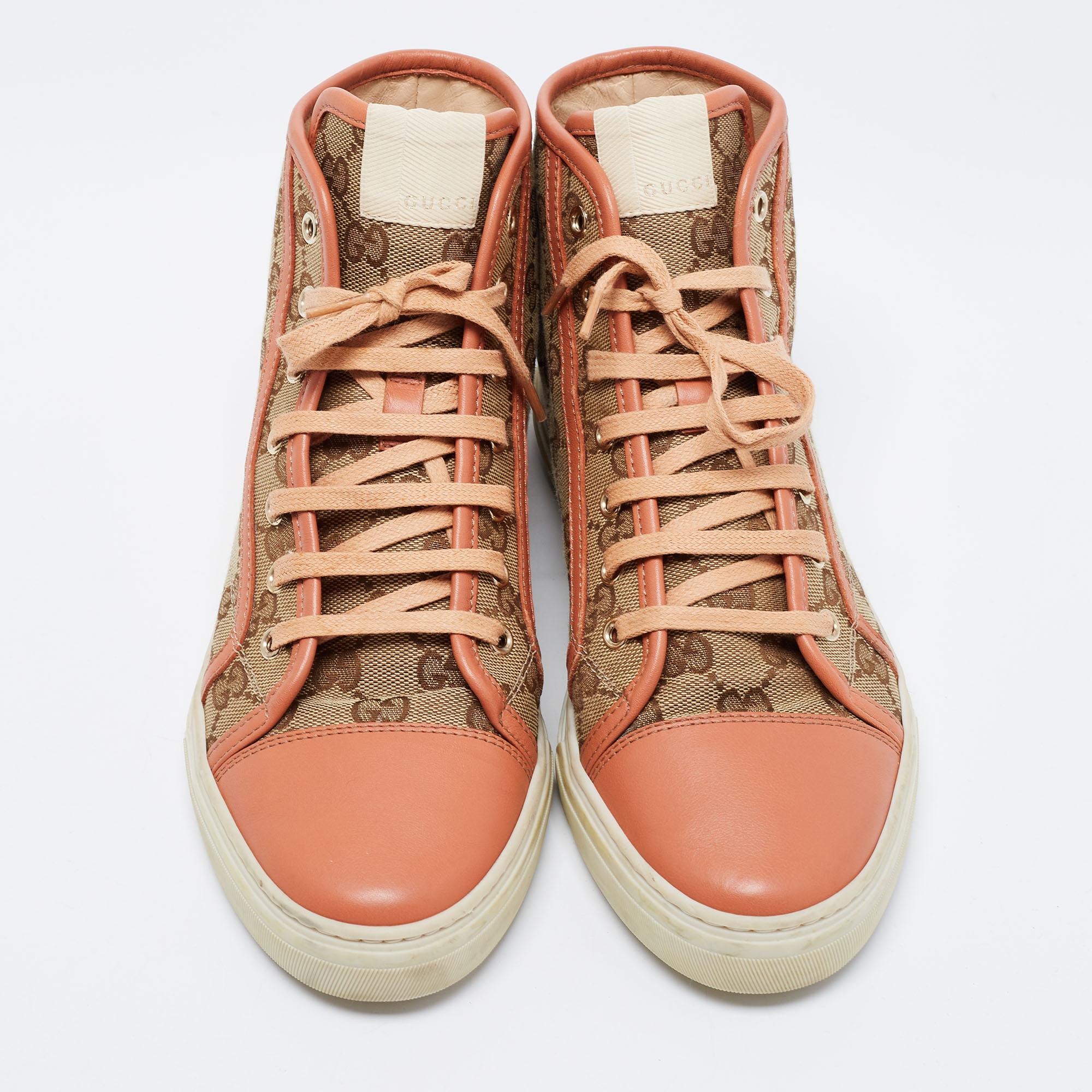 Gucci Beige/Brown GG Supreme Canvas And Leather High Top Sneakers Size ...