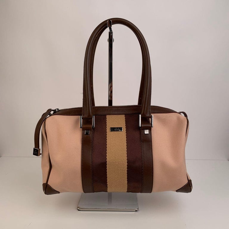 Gucci Beige Canvas Boston Bag Handbag with Striped Detail For Sale at ...