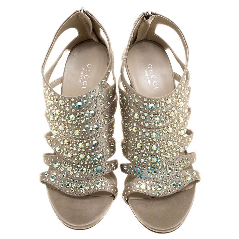 Gucci Beige Crystal Embellished Satin Peep Toe Cage Sandals Size 38.5 ...