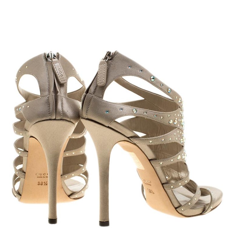 Gucci Beige Crystal Embellished Satin Peep Toe Cage Sandals Size 38.5 ...