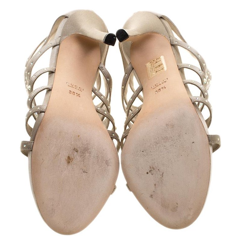 Gucci Beige Crystal Embellished Satin Peep Toe Cage Sandals Size 38.5 ...