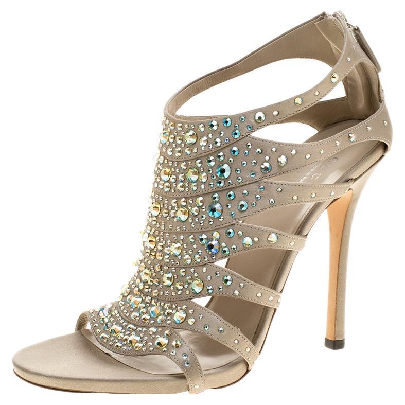 Gucci Beige Crystal Embellished Satin Peep Toe Cage Sandals Size 38.5 ...