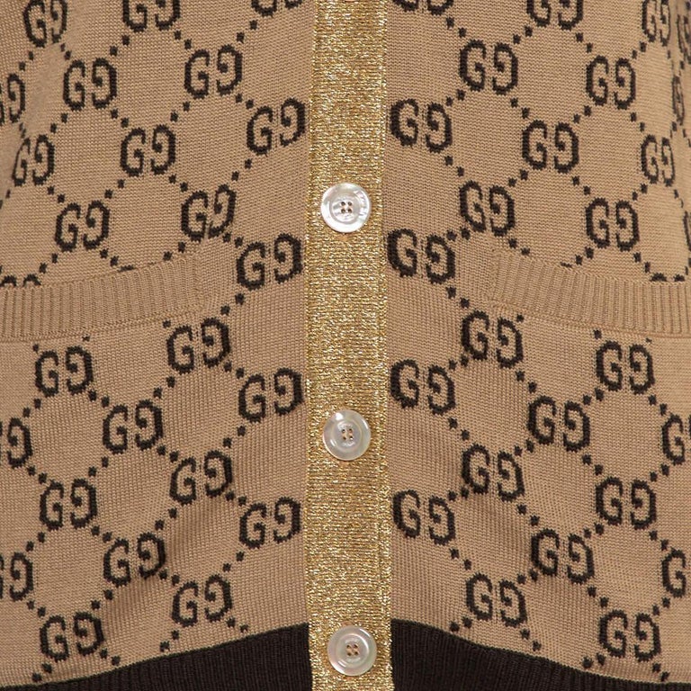 Gucci Beige Logo Monogram Wool Metallic Trim Detail Button Front ...