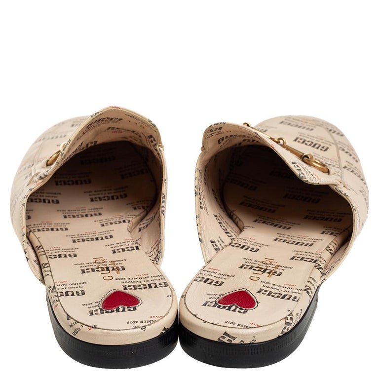 Gucci Beige Logo Stamp Leather Princetown Horsebit Mules Size 40 at 1stDibs