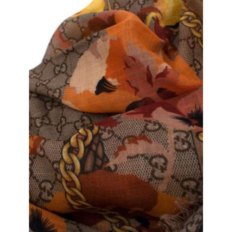 Gucci Beige and Orange Floral Oshibana Wool Scarf For Sale at 1stDibs
