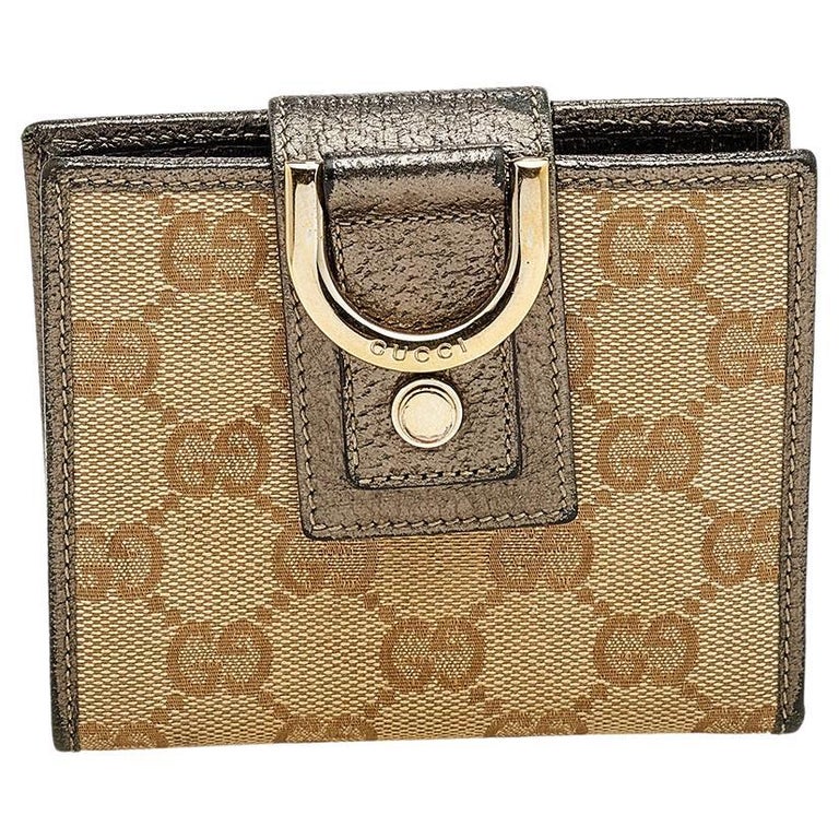 Gucci Beige/Pewter GG Canvas and Leather D Ring Compact Wallet For Sale ...