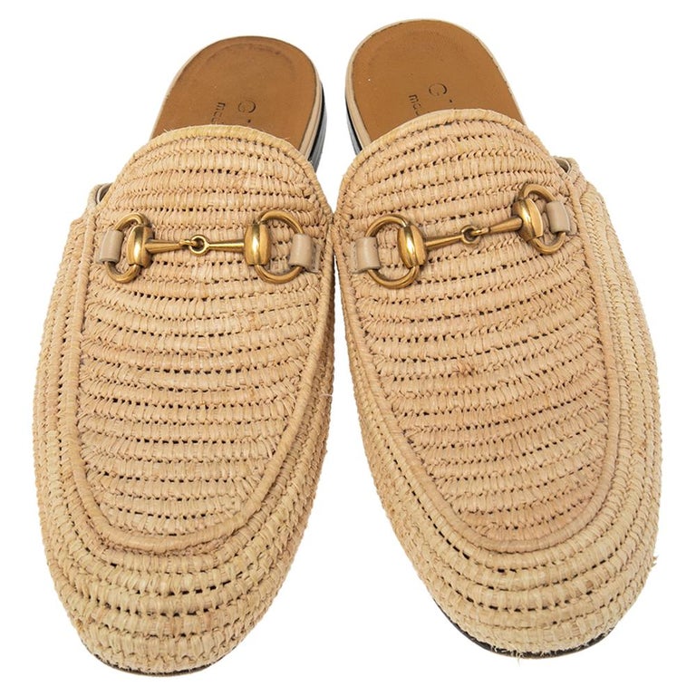 Gucci Beige Raffia Princetown Horsebit Mule Sandals Size 40 at 1stDibs