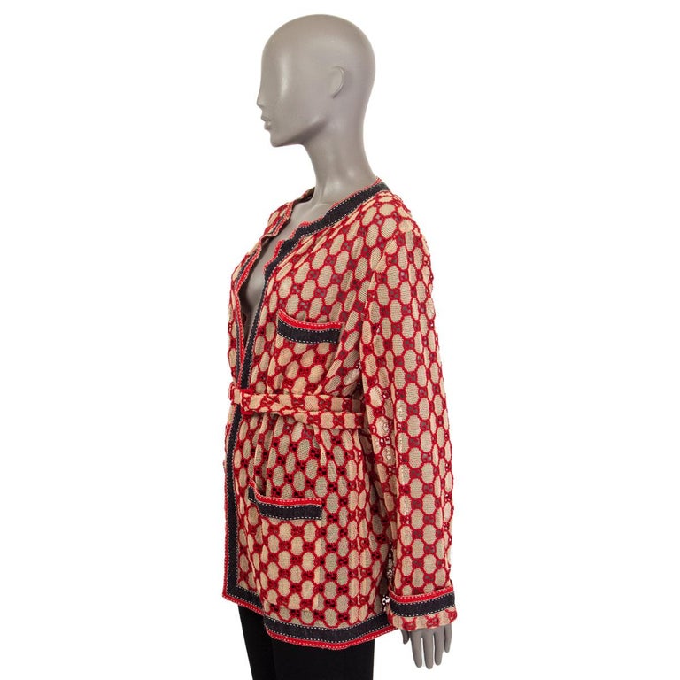 GUCCI beige and red cotton GG MACRAME BELTED OVERSIZED Jacket 40 S at ...
