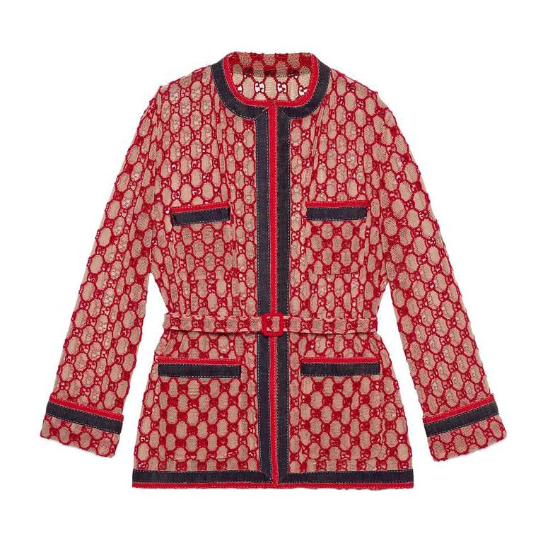 GUCCI beige and red cotton GG MACRAME BELTED OVERSIZED Jacket 40 S at ...